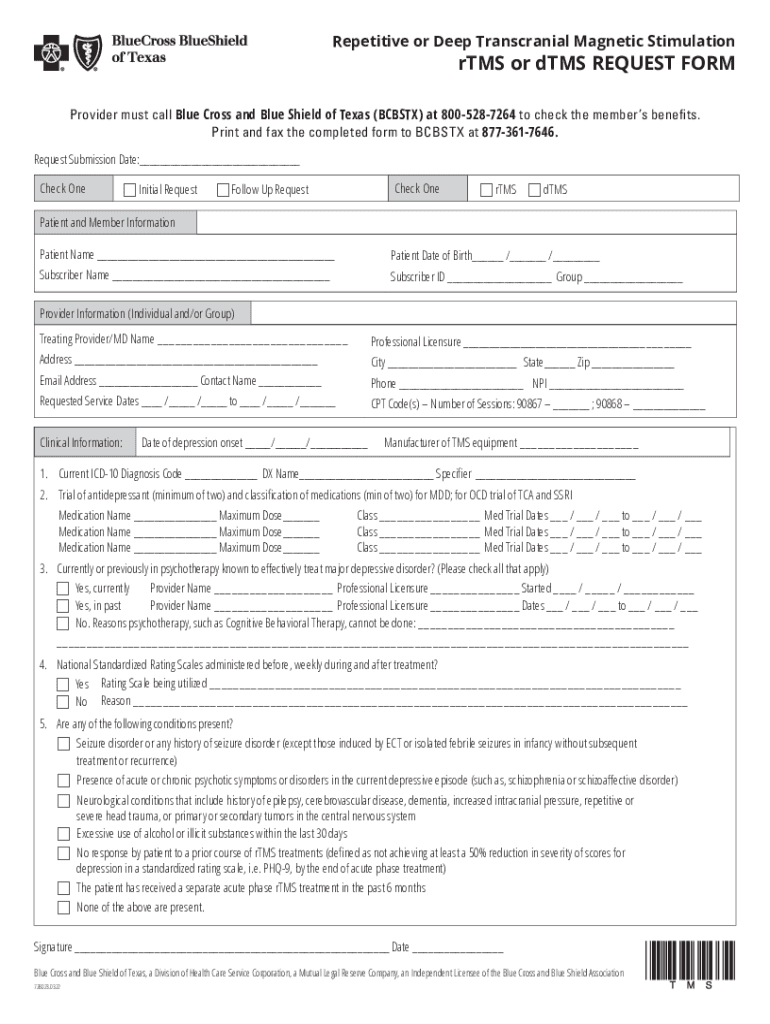 Fillable Online rTMS or dTMS REQUEST FORM Fax Email Print - pdfFiller
