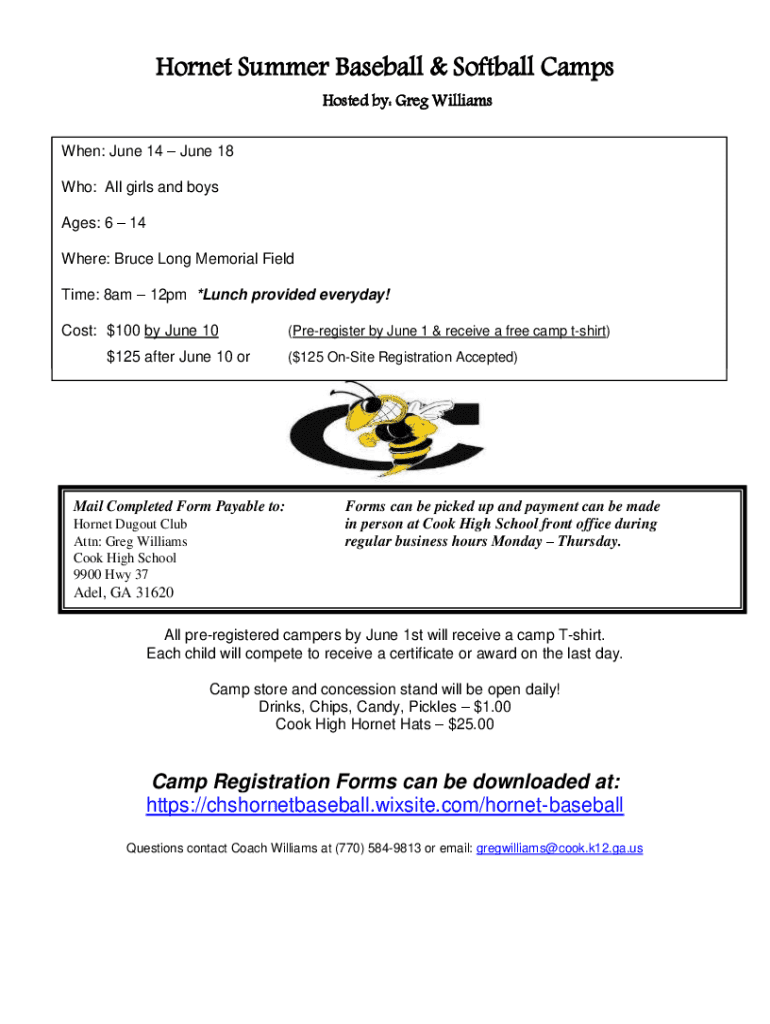 Fillable Online Hornet Summer Baseball & Softball Camps - SCHOOLinSITES ...