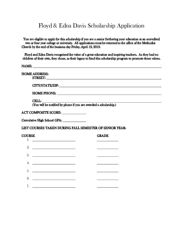 Fillable Online Floyd & Edna Davis Scholarship Application ...