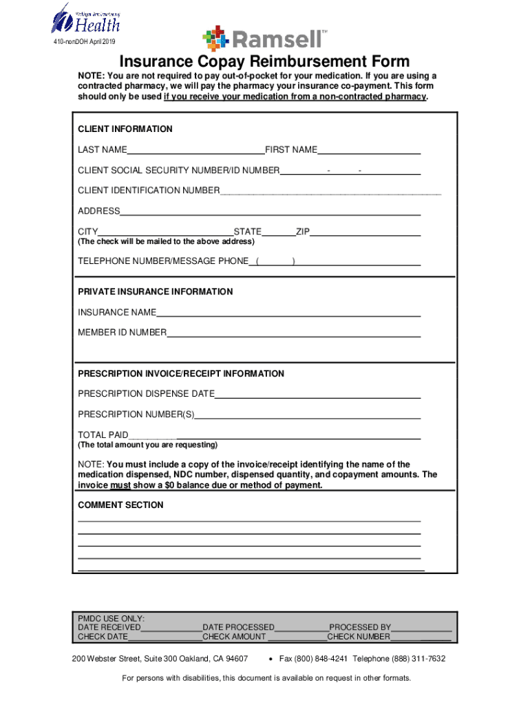 Fillable Online doh wa Ramsell Insurance Copay Reimbursement Form. Form ...