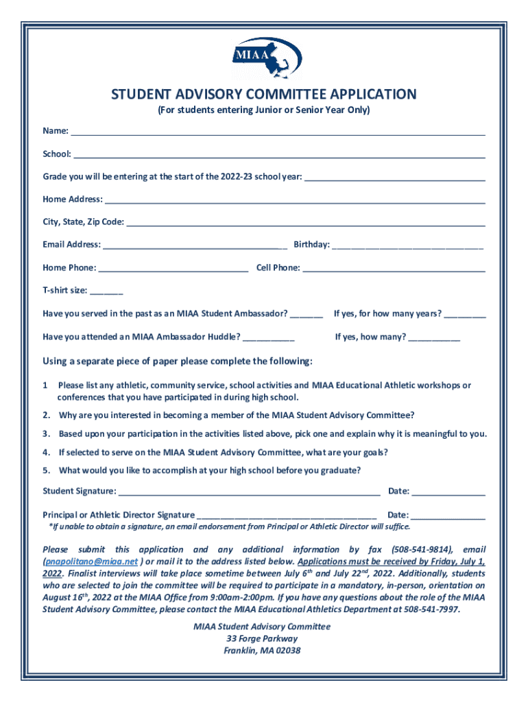 Fillable Online student advisory committee application - MIAA Fax Email ...