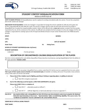 Fillable Online STUDENT CONTEST DISQUALIFICATION FORM - MIAA Fax Email ...