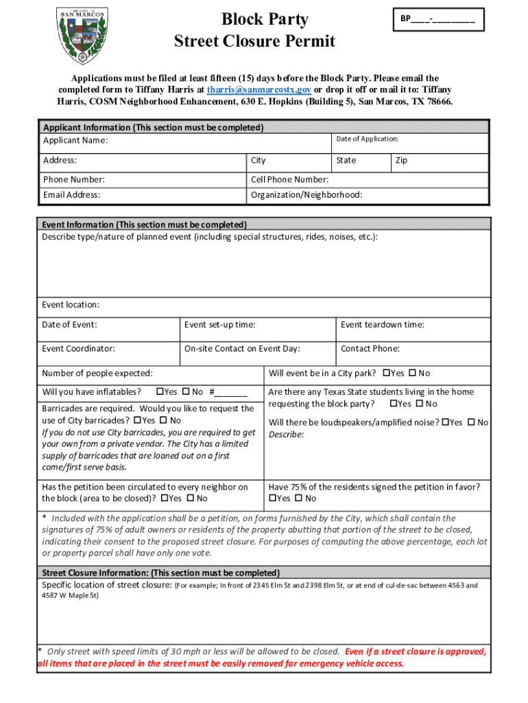 Fillable Online Street Closure Permit Administrative Use Only - Round ...