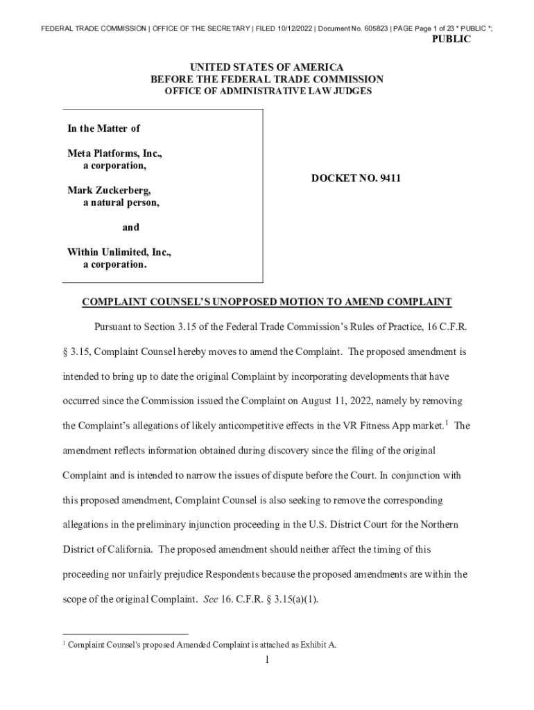 Fillable Online Complaint Counsel's Unopposed Motion to Amend Complaint ... Fillable Online Complaint Counsel's Unopposed Motion to Amend Complaint ...