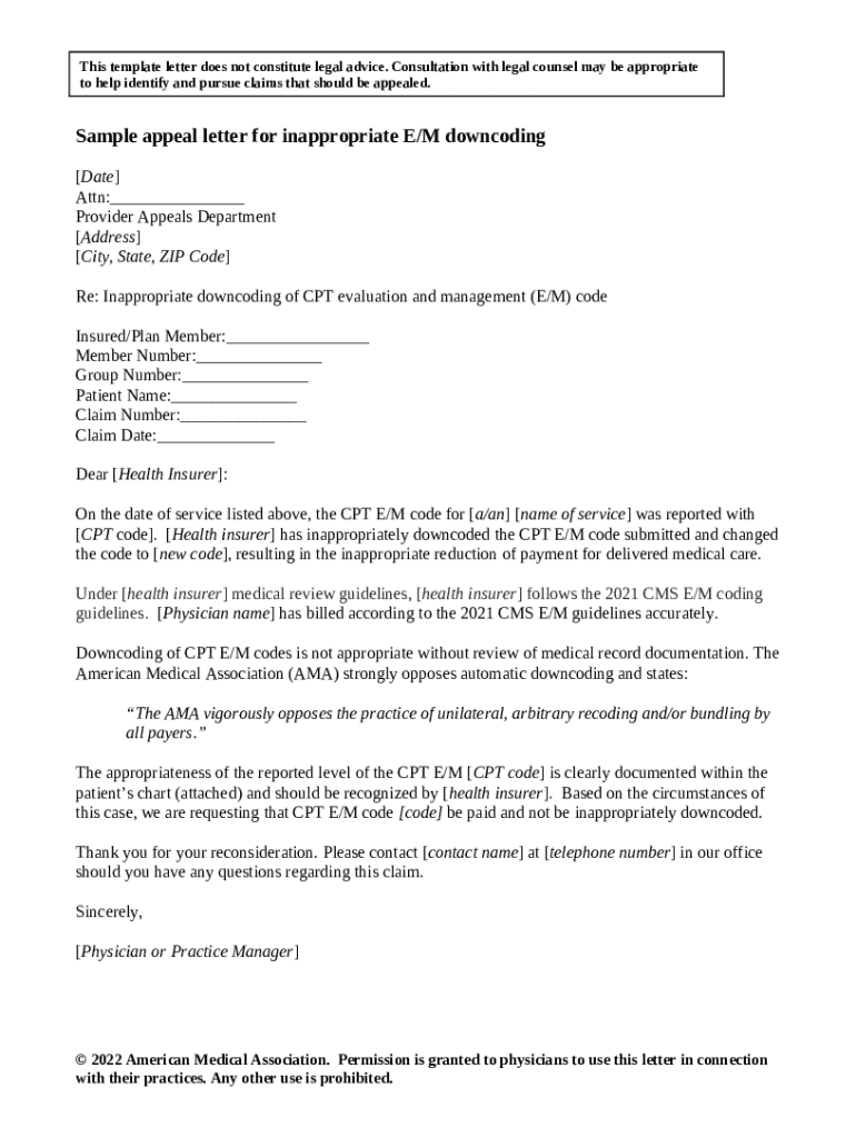 Sample appeal letter for inappropriate E/M downcoding. Template appeal ...