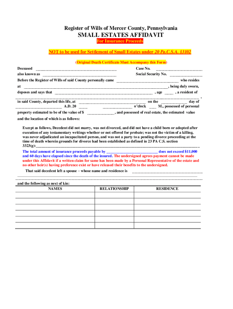 Fillable Online SMALL ESTATE AFFIDAVIT UNDER 20 Pa.C.S.A. 3101(d ...