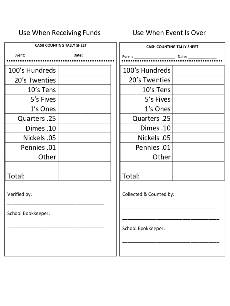 Fillable Online Cash Count Sheet - Double Entry BookkeepingTally Sheet ...