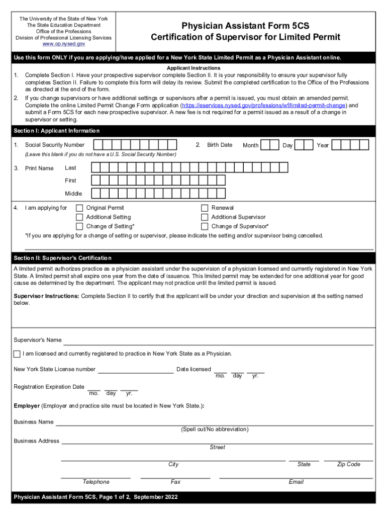 Fillable Online Physician Assistant Form 5CS. Certification of Supervisor for Limited Permit Fax ...