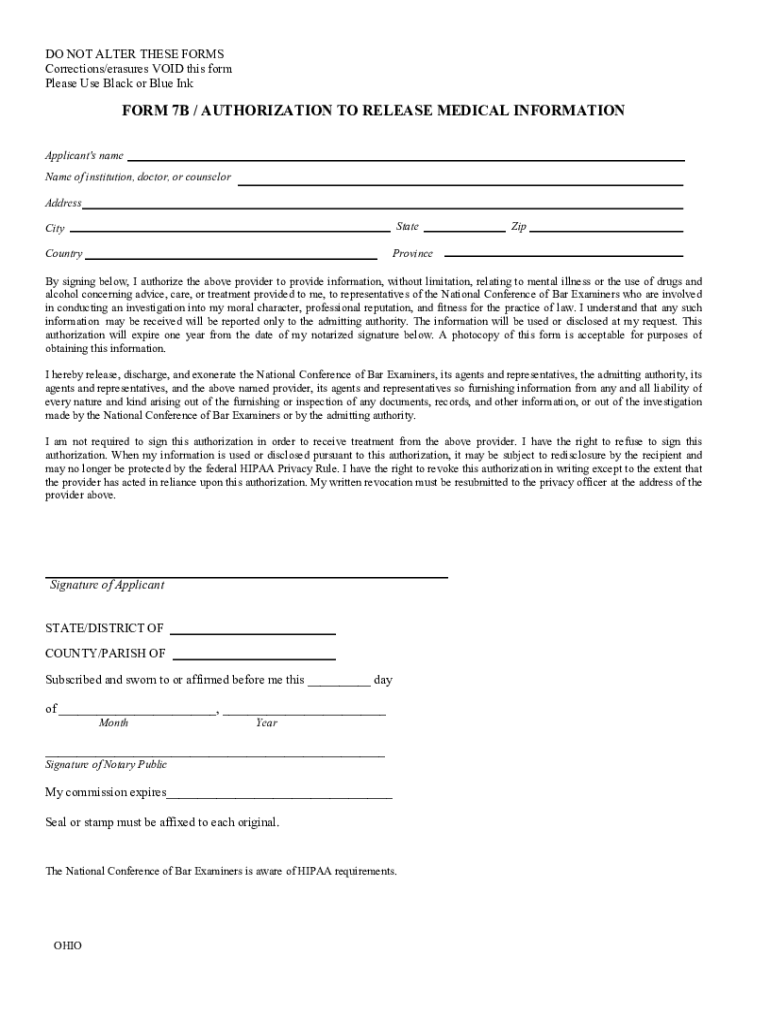 Fillable Online Form 7B Authorization to Release Medical Information ...