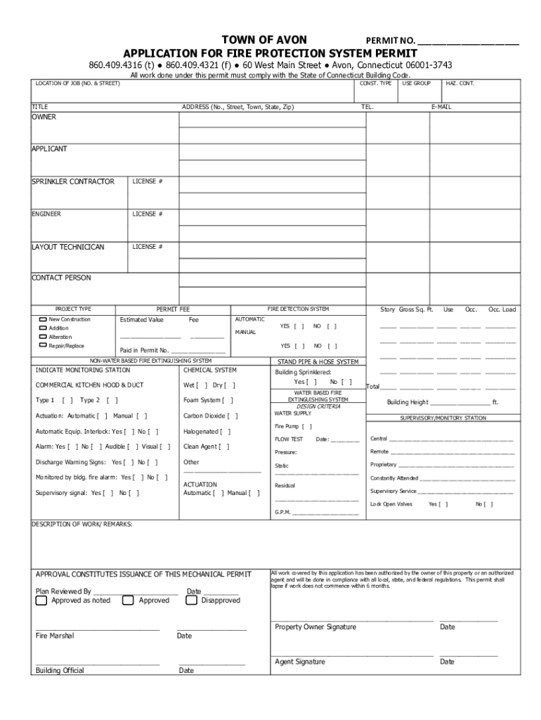 Fillable Online TOWN OF AVON APPLICATION FOR FIRE PROTECTION SYSTEM ... Fax Email Print - pdfFiller