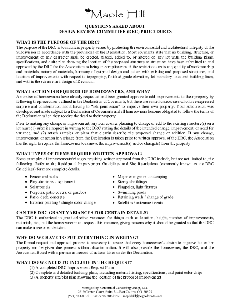 Fillable Online QUESTIONS ASKED ABOUT DESIGN REVIEW COMMITTEE (DRC ...