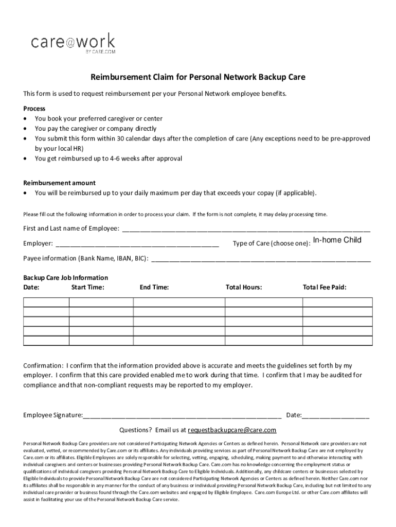 Fillable Online Reimbursement Claim for Personal Network Backup Care ...