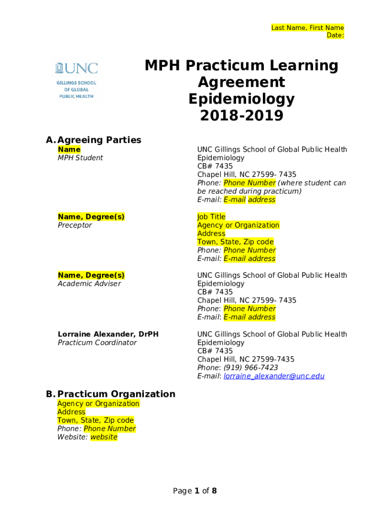 MPH Practicum Learning Agreement - sph unc Doc Template | pdfFiller