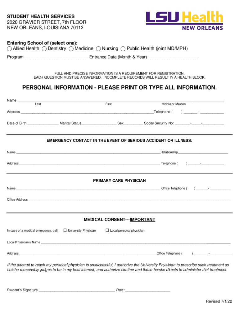 Fillable Online Student Health - LSU Health New Orleans - LSU Health ...