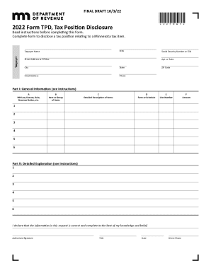 Fillable Online 2022 Form TPD, Tax Position Disclosure. 2022 Form TPD ...