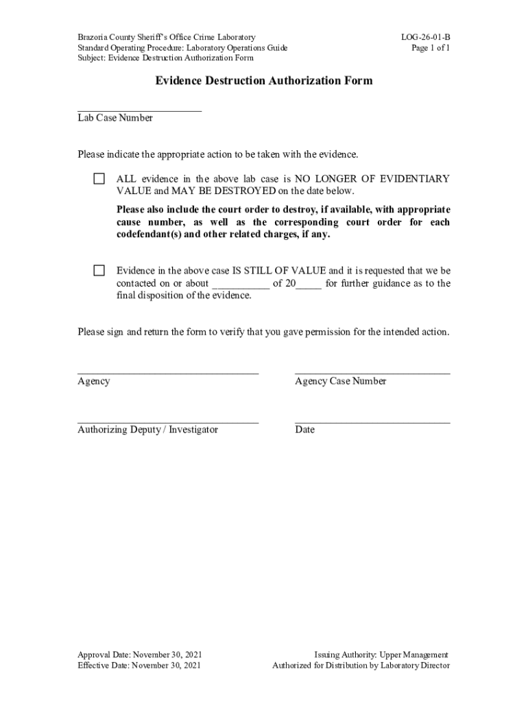 Fillable Online Evidence Destruction Authorization Form - Brazoria ...