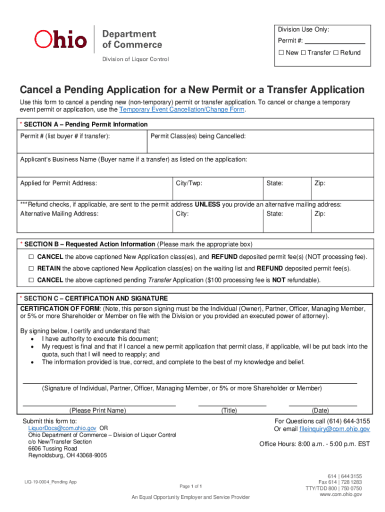 Fillable Online com ohio Cancel a Pending Application for a New Permit or a Transfer ... Fax ...