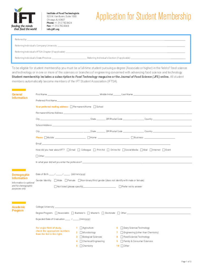 Fillable Online Application for Student Membership - IFT.org Fax Email Print - pdfFiller