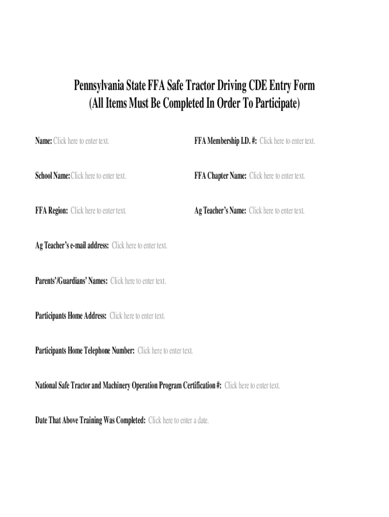 Fillable Online Pennsylvania State FFA Safe Tractor Driving CDE Entry ...