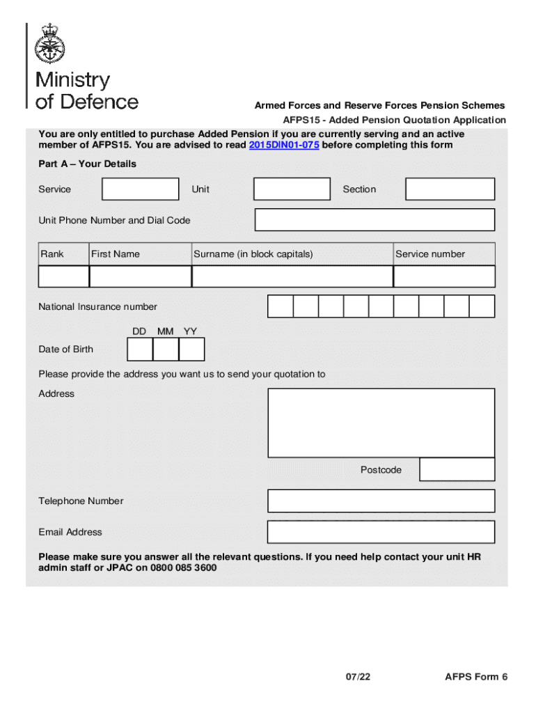 Fillable Online AFPS15 - Added Pension Quotation Application Fax Email ...