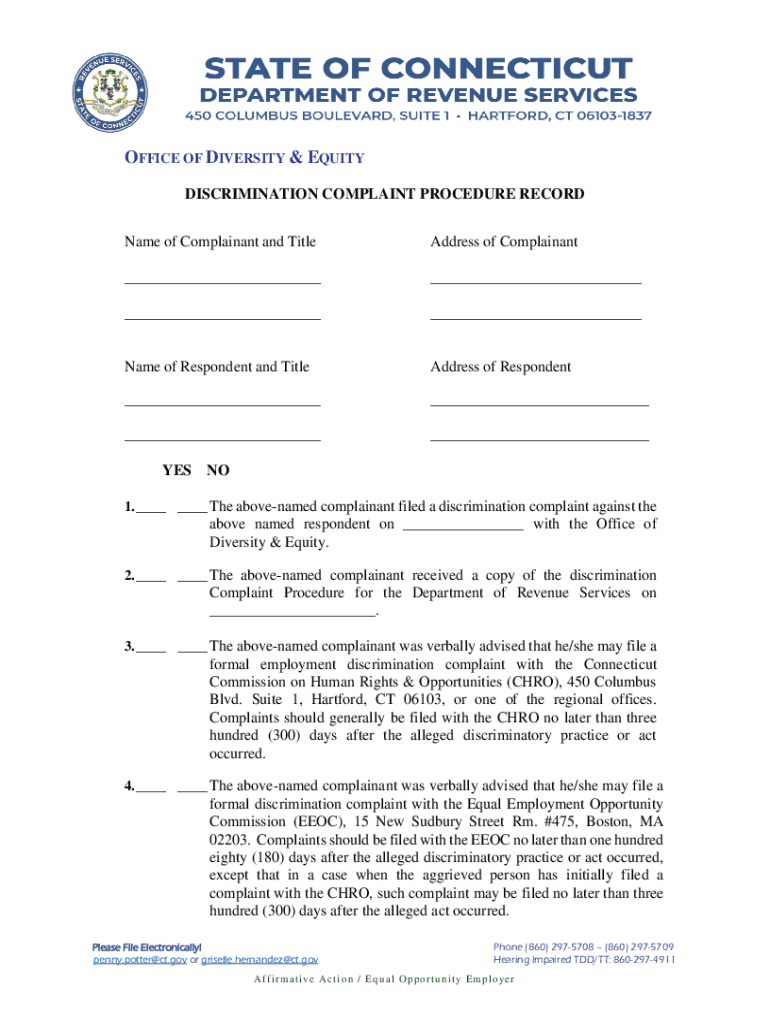 Fillable Online DISCRIMINATION COMPLAINT PROCEDURE RECORD Name of ... Fax Email Print - pdfFiller