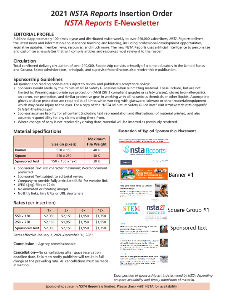 Fillable Online 2021 NSTA Reports Insertion Order NSTA Reports E-Newsletter Fax Email Print ...