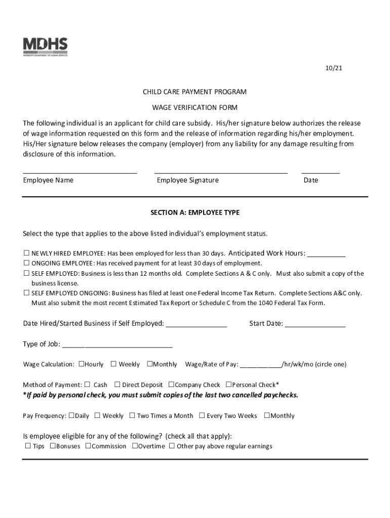 Fillable Online www.mdhs.ms.gov11WAGE-VERIFICATION-FORM-1SECTION A ...