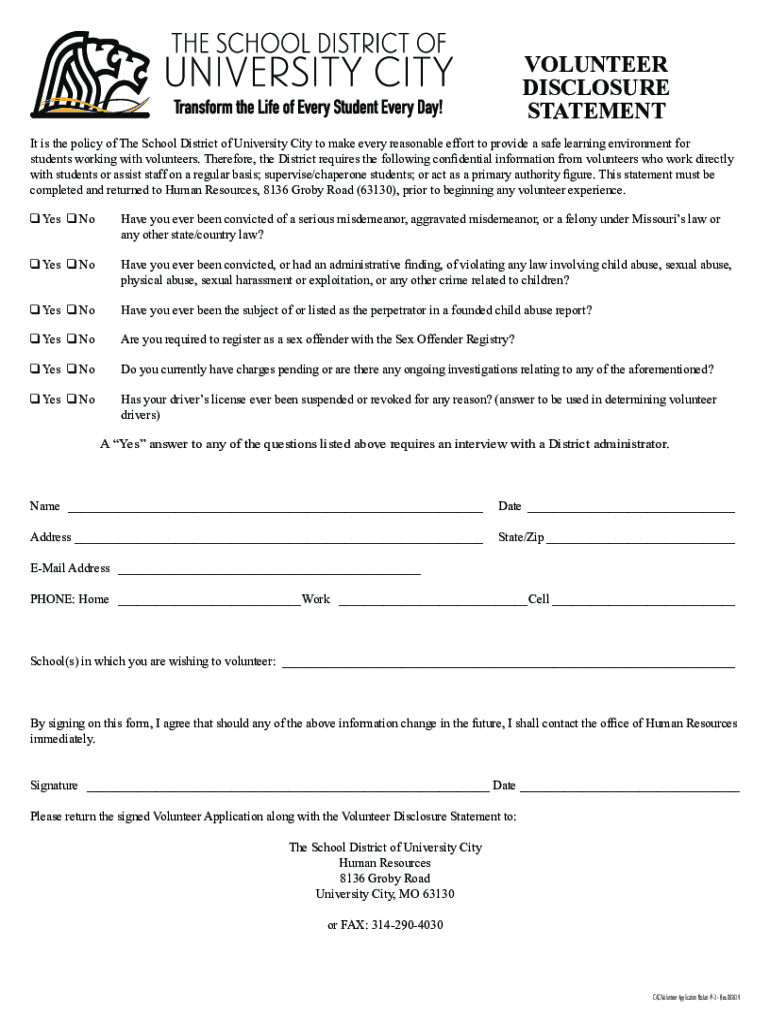 Fillable Online www.cd-csd.orgwp-contentuploadsCode No. 903.2R2 VOLUNTEER DISCLOSURE STATEMENT ...