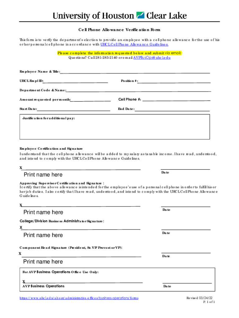 Fillable Online Cell Phone Allowance Verification FormBusiness ...