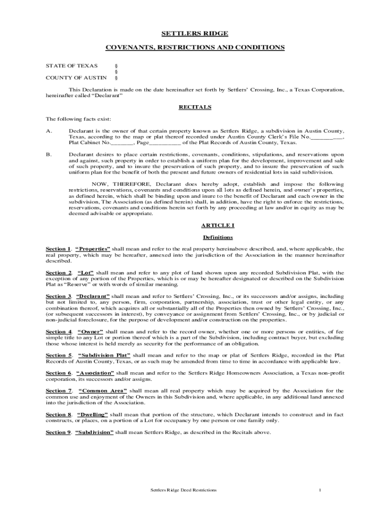 Fillable Online SETTLERS RIDGE COVENANTS, RESTRICTIONS AND CONDITIONS ...