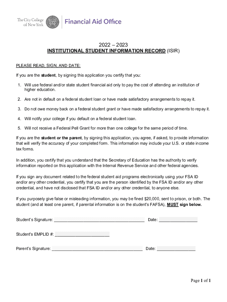 Fillable Online INSTITUTIONAL STUDENT INFORMATION RECORD (ISIR) Fax ...