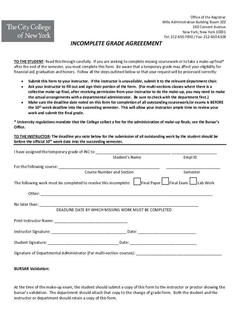 Fillable Online INC Grade Agreement - The City College of New York Fax ...
