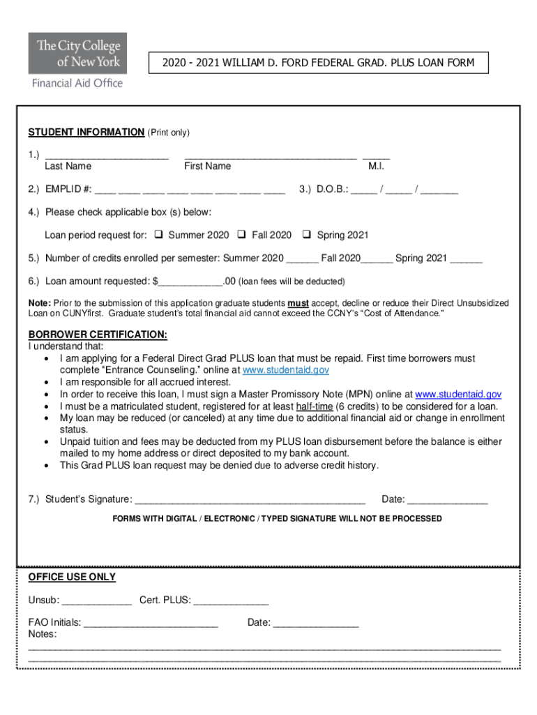 Fillable Online 2020 - 2021 william d. ford federal grad. plus loan ...