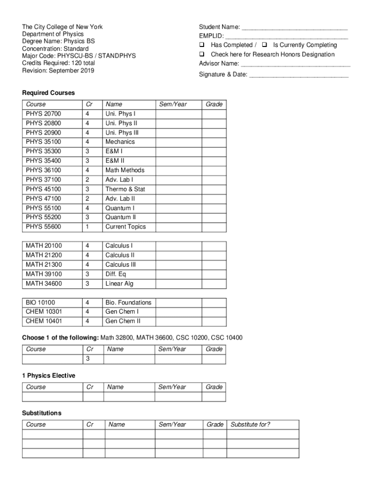 Fillable Online STANDPHYS Grad Check Form - The City College of New ...