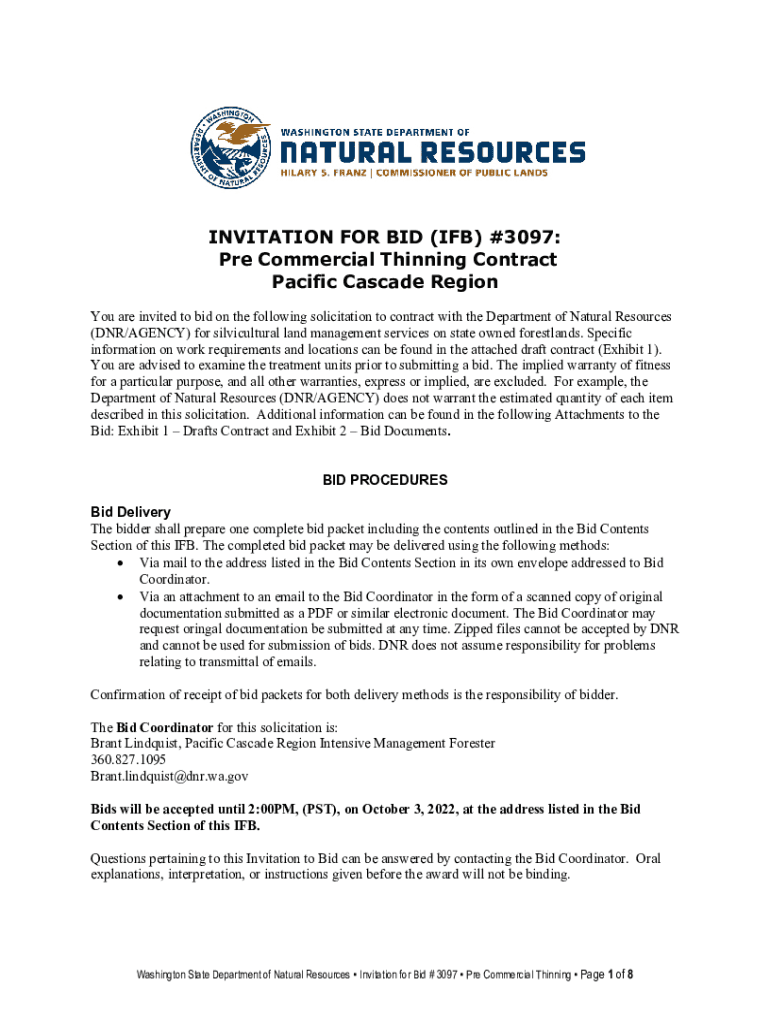 Fillable Online INVITATION FOR BID (IFB) #3097: Pre Commercial Thinning ... Fax Email Print ...