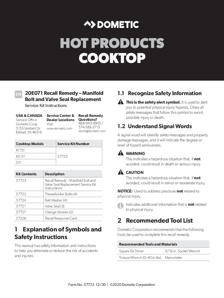 Fillable Online Dometic 20E071 Recall Remedy - Manifold Bolt and Valve ...