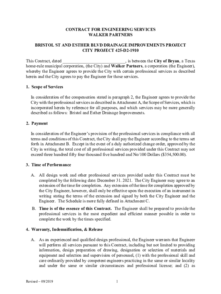 Fillable Online www.boarddocs.comtxcobtxCONTRACT FOR ENGINEERING SERVICES WALKER PARTNERS ...