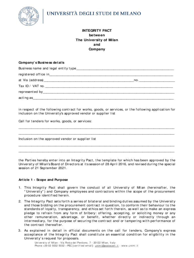 Fillable Online INTEGRITY PACT between The University of Milan ...