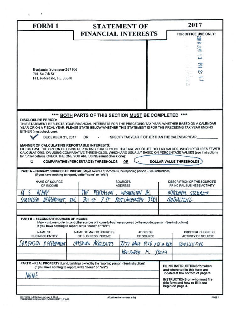 Fillable Online Form 1 Statement of Financial Interests 2017. Sorensen Fax Email Print - pdfFiller