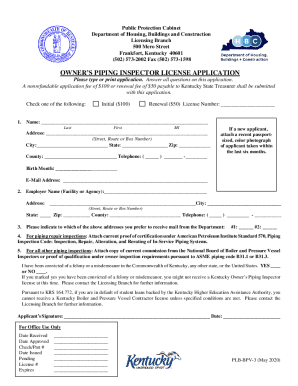 Fillable Online dhbc ky OWNER'S PIPING INSPECTOR LICENSE APPLICATION ...