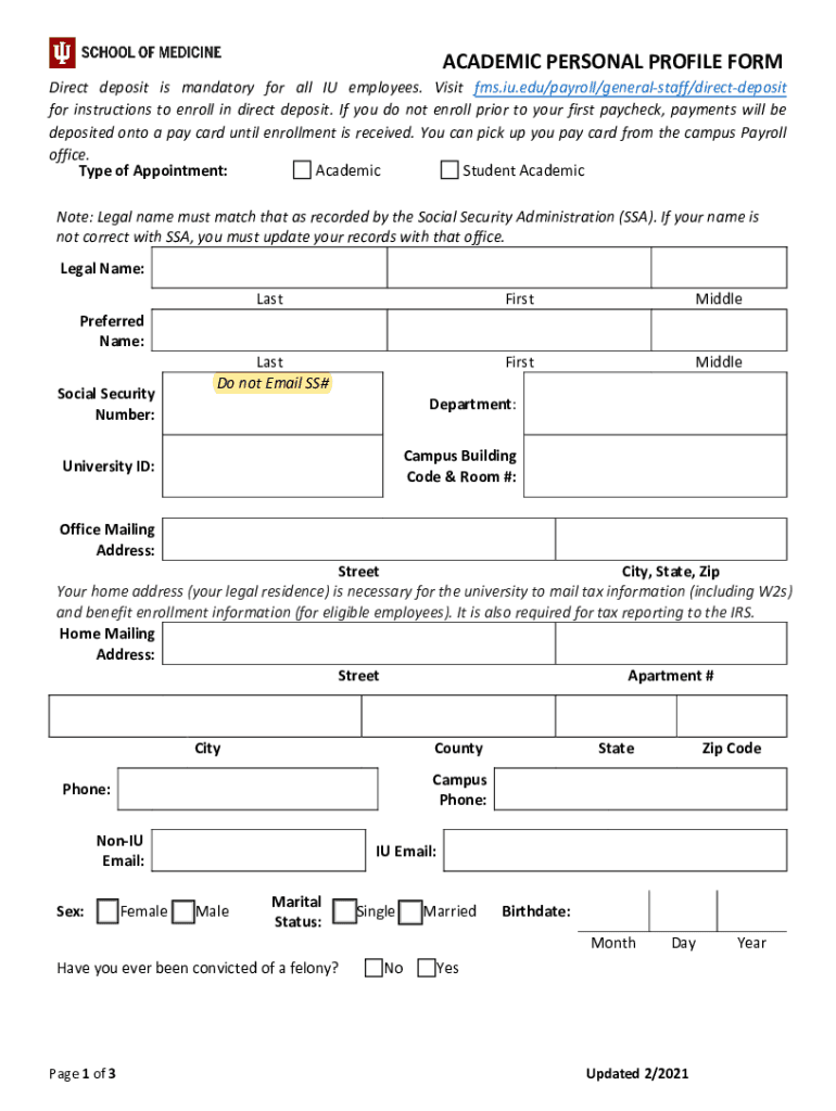 Fillable Online ACADEMIC PERSONAL PROFILE FORM - Indiana University Fax ...