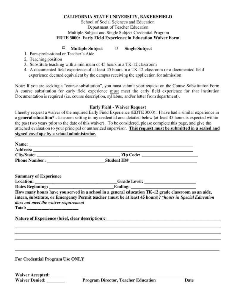 Fillable Online EDTE 3000: Early Field Experience in Education Waiver ...