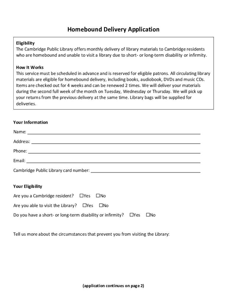 Fillable Online Homebound Delivery Application - Cambridge Public ...