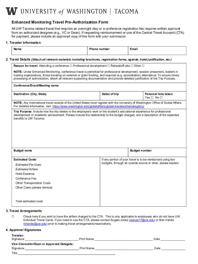 Fillable Online www.tacoma.uw.edusiassias-travel-preSIAS Travel Pre-Authorization Form (under ...