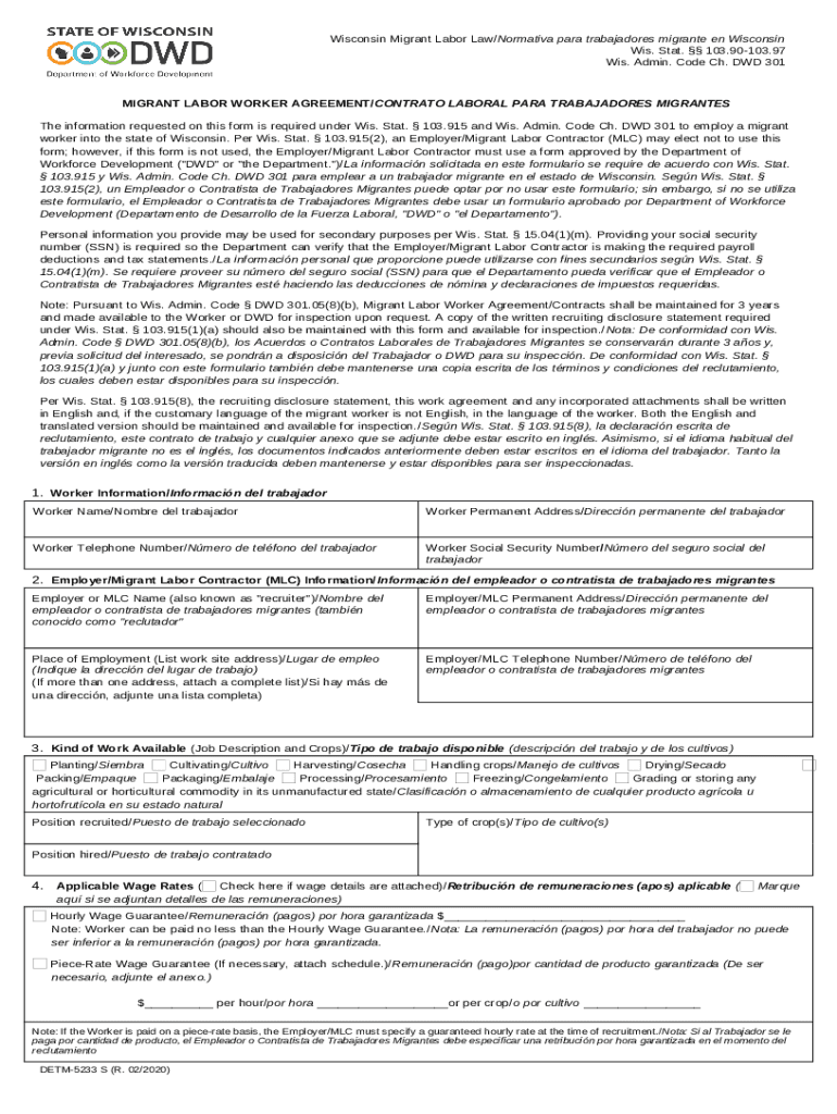 dwd.wisconsin.govdwdsDETM-5233-E, Migrant Labor Worker Agreement ...