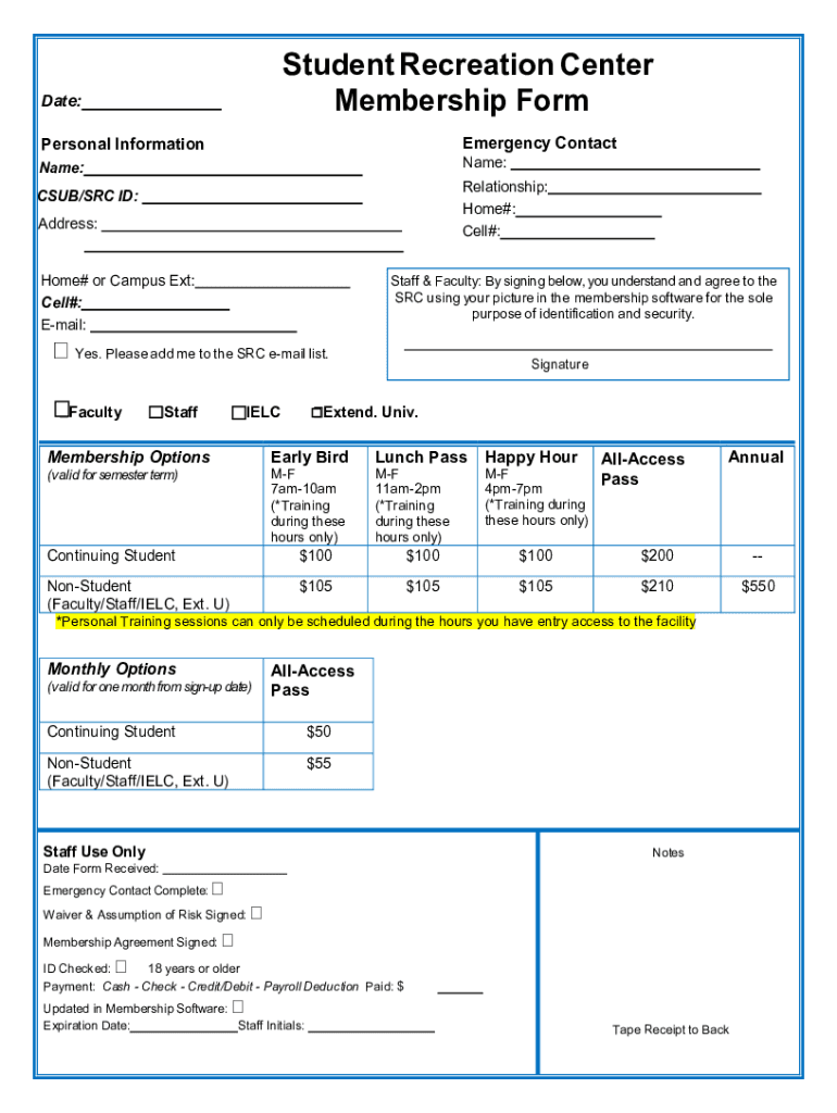 Fillable Online Student Recreation Center Membership Form - California State University ... Fax ...