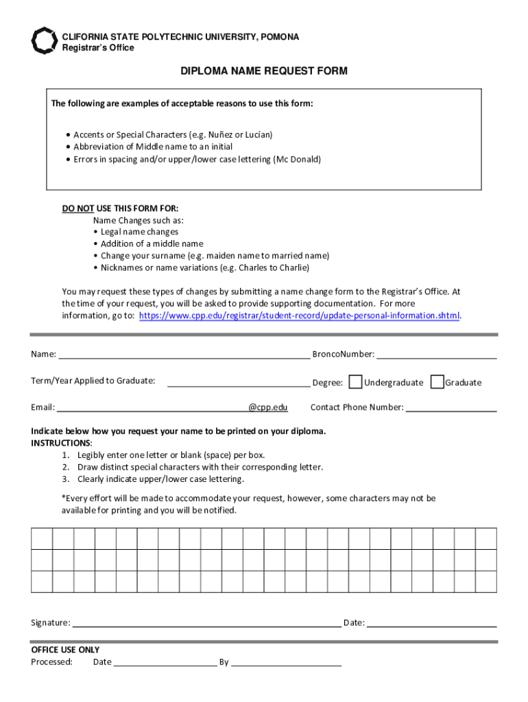 Fillable Online DIPLOMA NAME REQUEST FORM Fax Email Print - pdfFiller