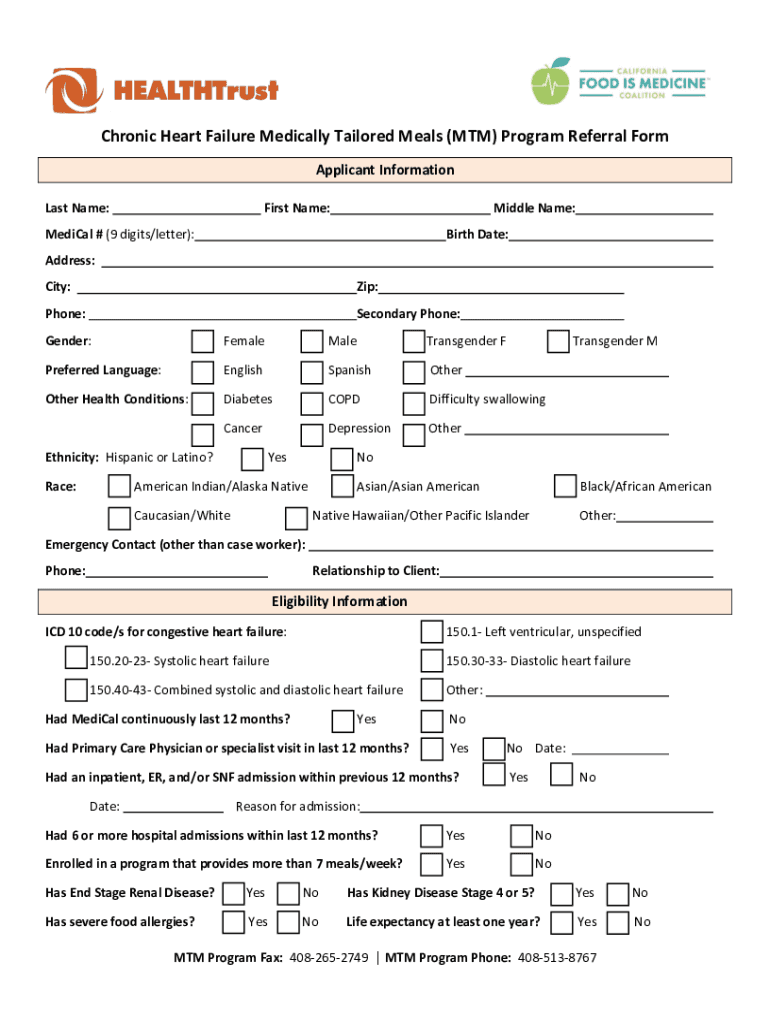 Fillable Online Chronic Heart Failure Medically Tailored Meals (MTM ...