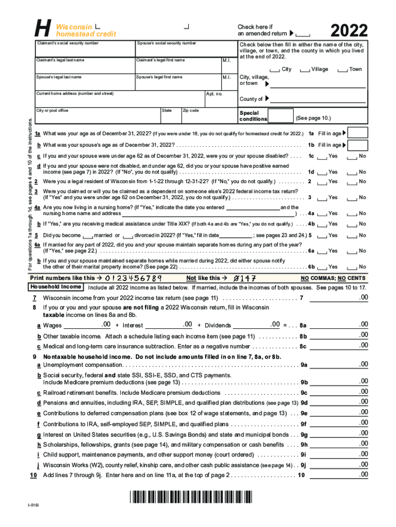 Fillable Online 2022 I-016 Schedule H Wisconsin Homestead Credit Claim ...
