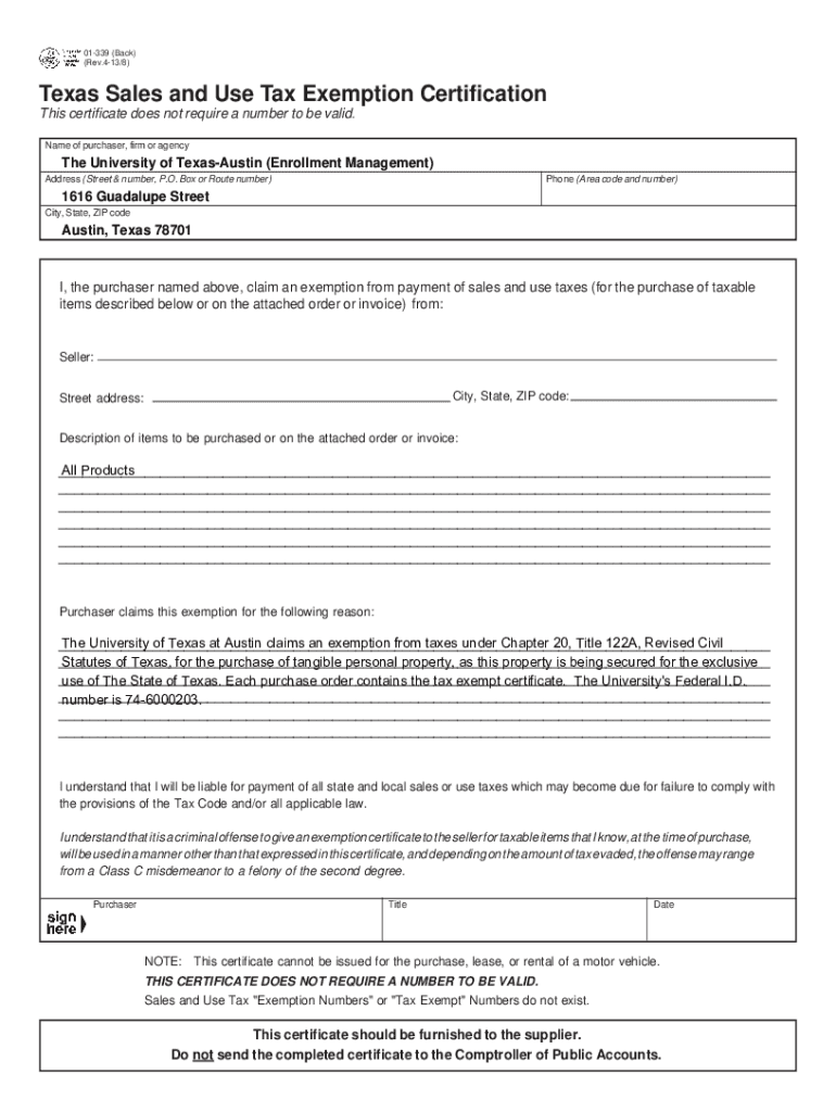 Fillable Online wikis utexas 01-339 Sales and Use Tax Exemption Certification - Global ...